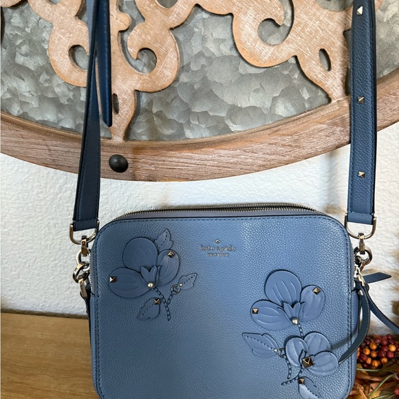 kate spade | Bags | Kate Spade Blue Embossed Floral Crossbody Bag ...